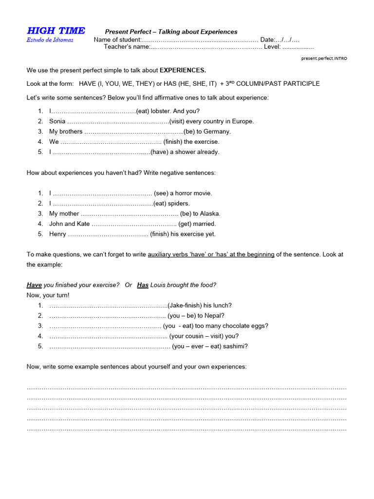 Intro To Present Perfect Fun Activities Games 36397 | PDF