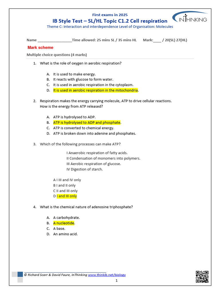 IB Test on Cellular Respiration C1.2 | PDF | Cellular Respiration ...