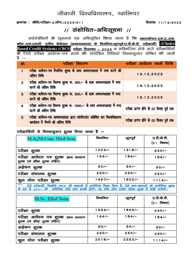 M.SC - IIIrd Sem For SOS Regular Ex ATKT Students Choice Based Credit System CBCS Exam Dec. 2023 ...