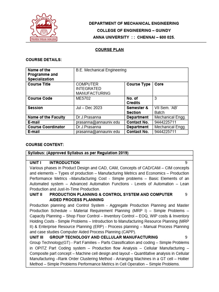 CIM Course Plan | PDF | Automation | Enterprise Resource Planning