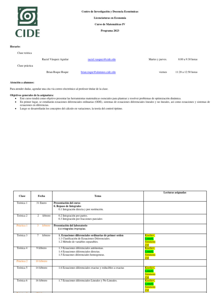 Temario Mate IV Eco 2023 | PDF | Ecuaciones | Ecuaciones diferenciales