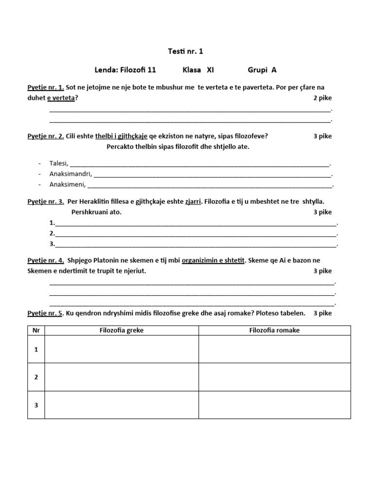 Testi NR 1 Lenda Filozofi 11 Klasa XI GR | PDF