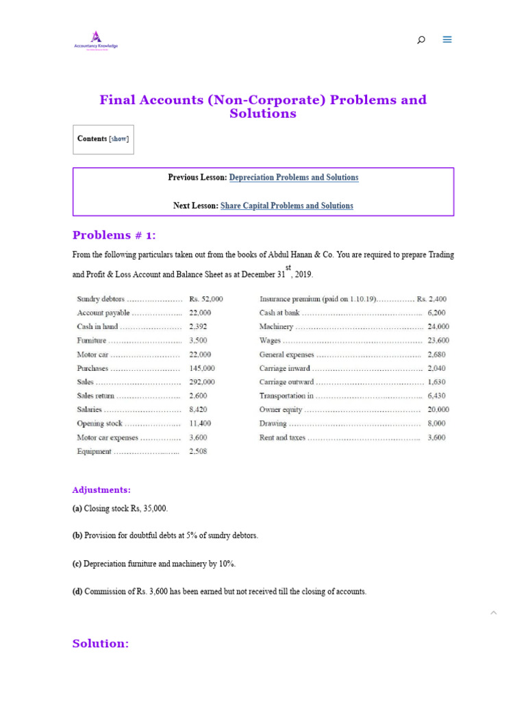 Final Accounts Problems and Solutions - Final Accounts Questions | PDF ...