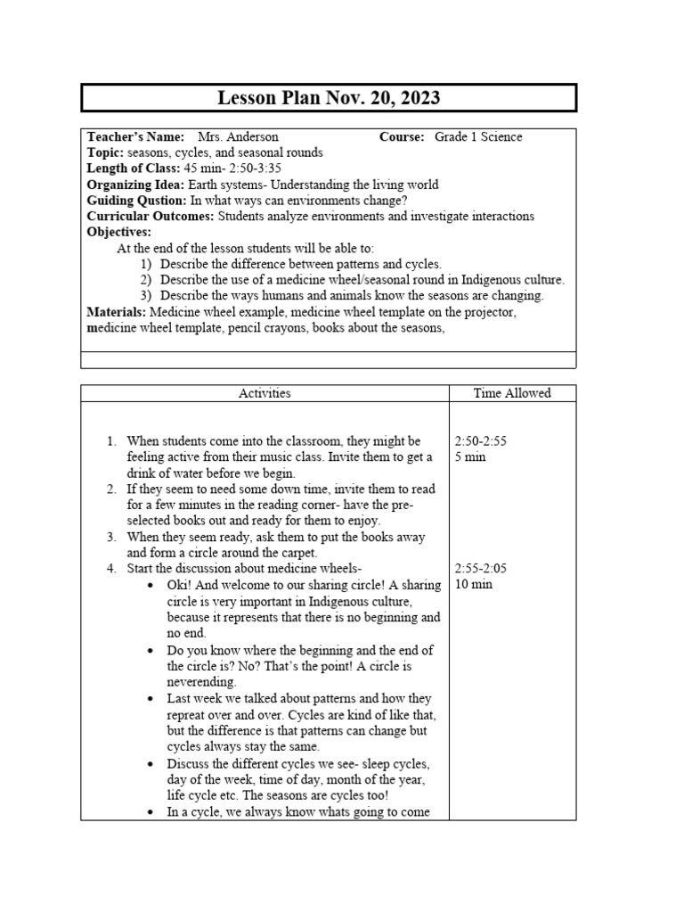 Grade 1 Science: Seasons & Cycles | PDF | Lesson Plan | Cognition