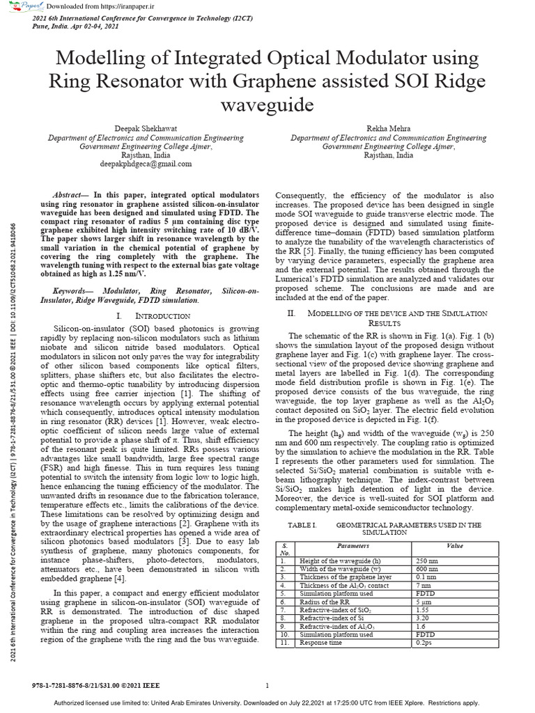 Modelling of Integrated Optical Modulator Using Ring Resonator With Graphene Assisted SOI Ridge ...