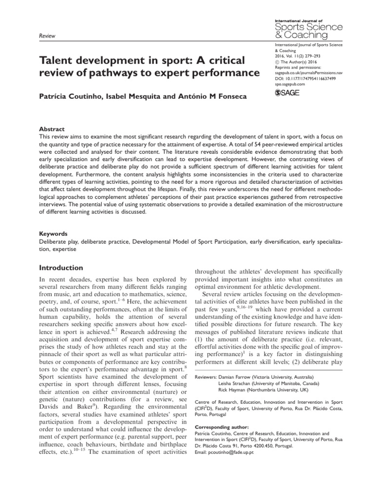 Talent Development in Sport: A Critical Review of Pathways To Expert ...
