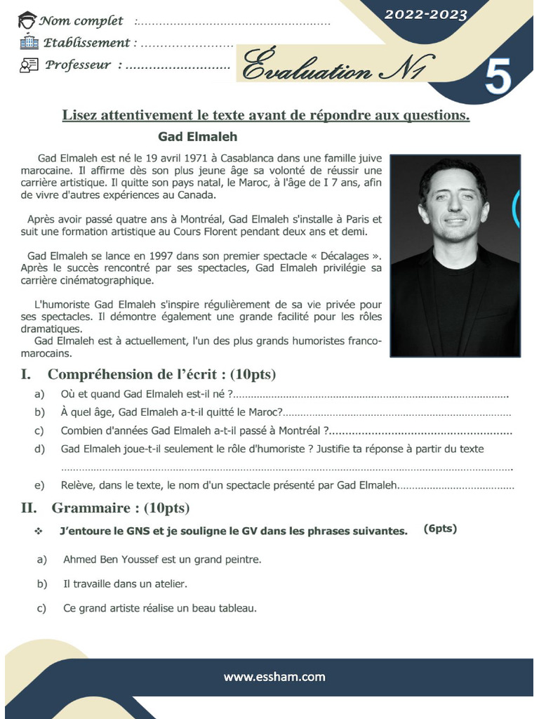 1 Er Evaluation Francais 5eme Aep 2023 2023 - Www.essham.com | PDF