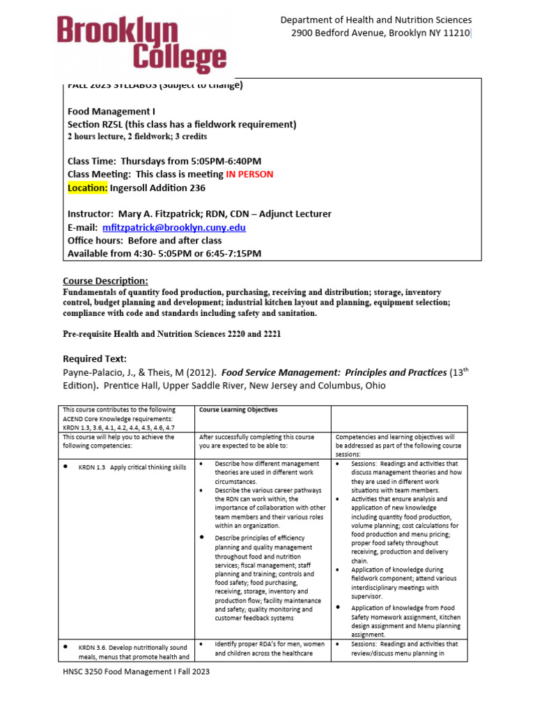 Food Management I Syllabus Fall 2023 | PDF | Academic Dishonesty ...