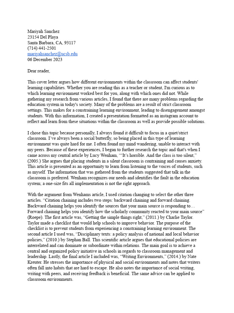 Cover Letter - Writing Project 2 2 | PDF | Learning | Classroom Management