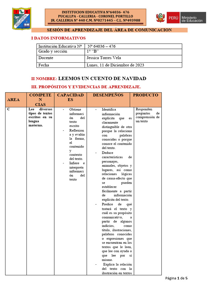 SESION DE APRENDIZAJE DEL AREA DE COMUNICACION11 de Diciembre | PDF ...