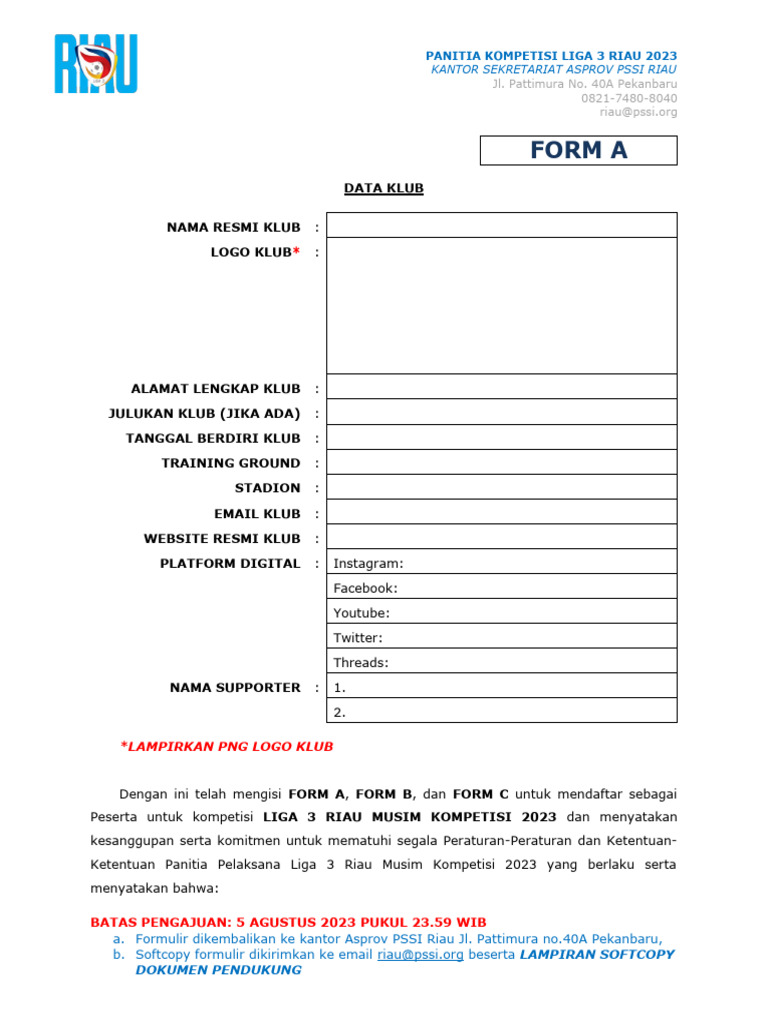 Form Pendaftaran Liga 3 Riau 2023 | PDF