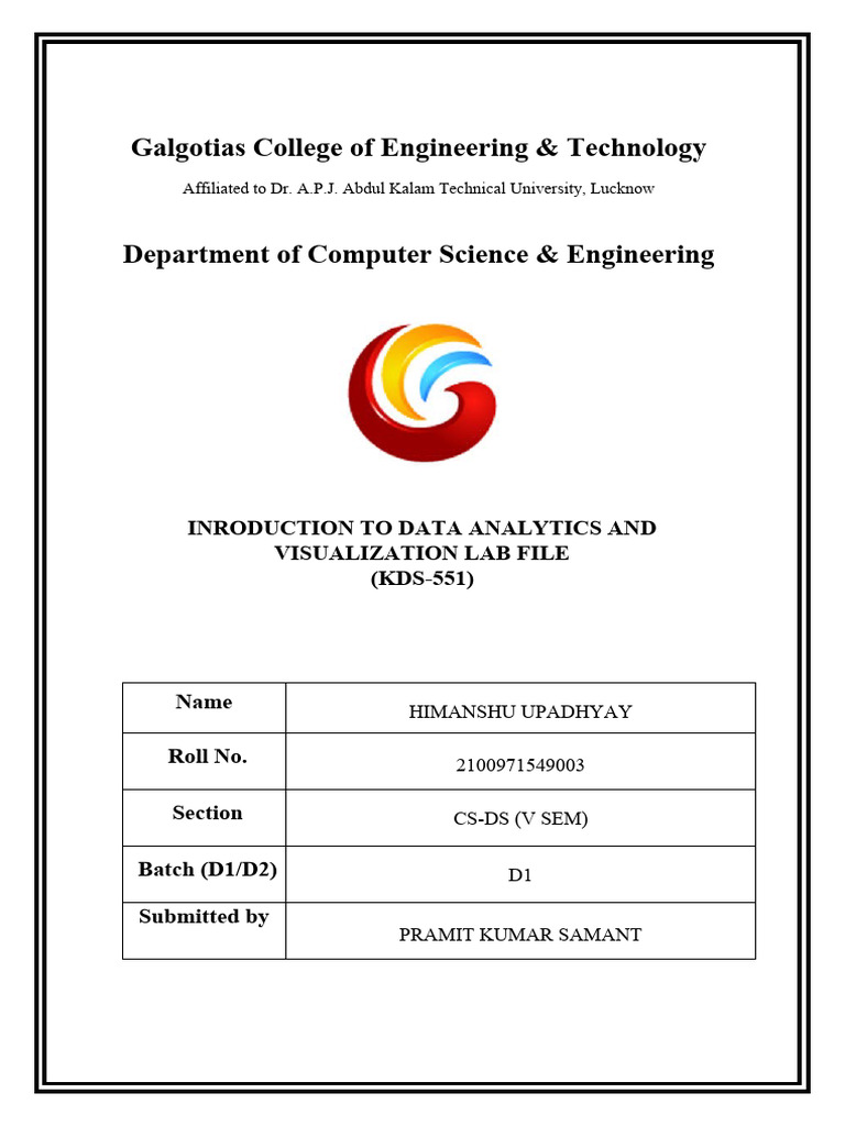 Galgotias College of Engineering & Technology: Inroduction To Data Analytics and Visualization ...