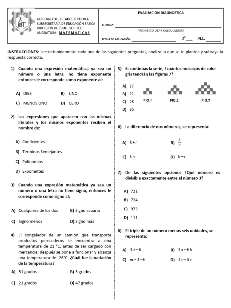 Diagnostico Matemáticas 2do Secundaria | PDF | Matemáticas
