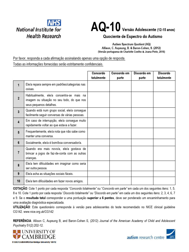 AQ-10: Rastreio de Autismo em Adolescentes | PDF | Autoajuda