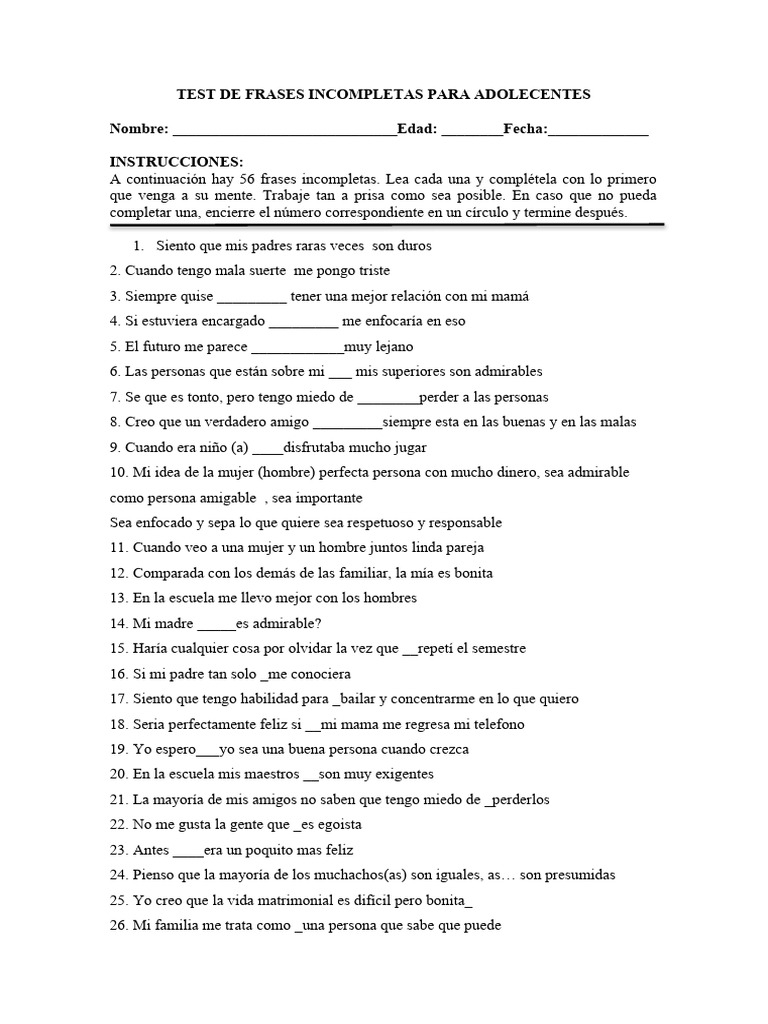 Prueba de frases incompletas para adolescentes | PDF