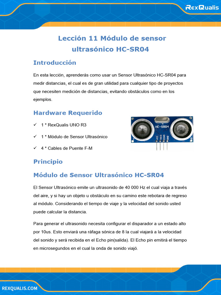 Lección 11 Módulo de Sensor Ultrasónico HC-SR04 | PDF | Sonido | Arduino