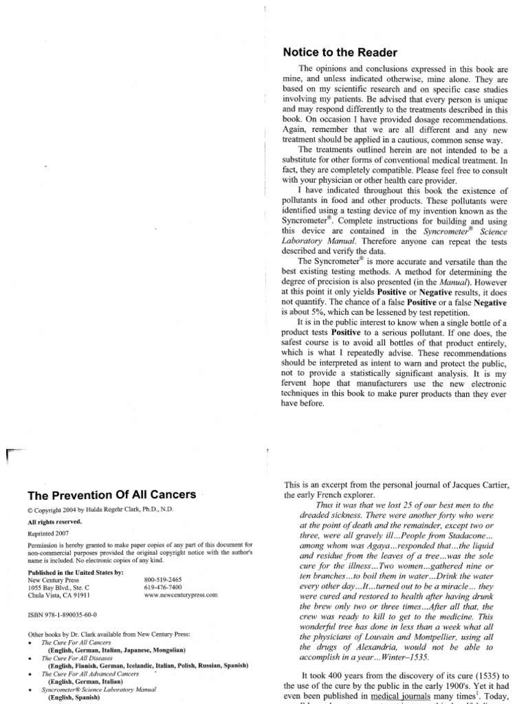 The Prevention of All Cancers DR Hulda Clark | PDF