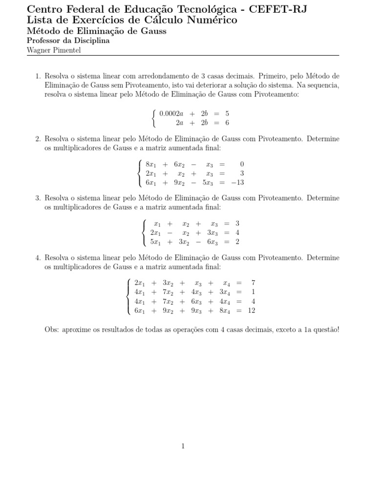 Lista de Metodo de Eliminacao de Gauss | PDF | Álgebra | Ciência da ...