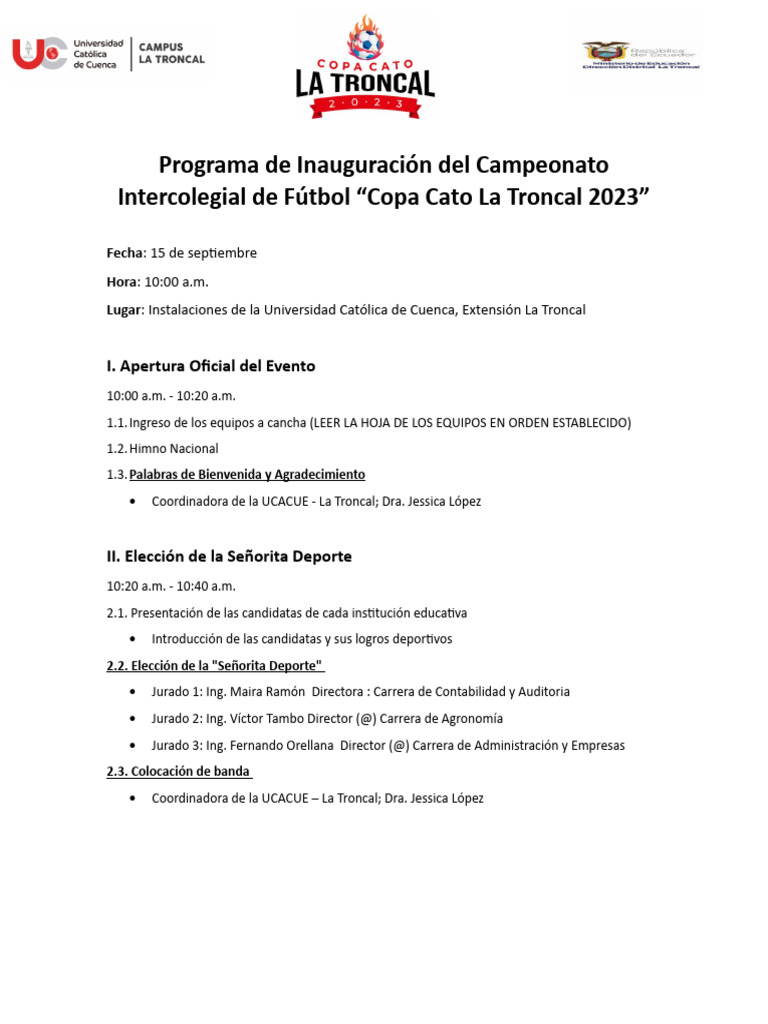 Programa Inaugural Cato2023 Campeonato Intercolegial | PDF