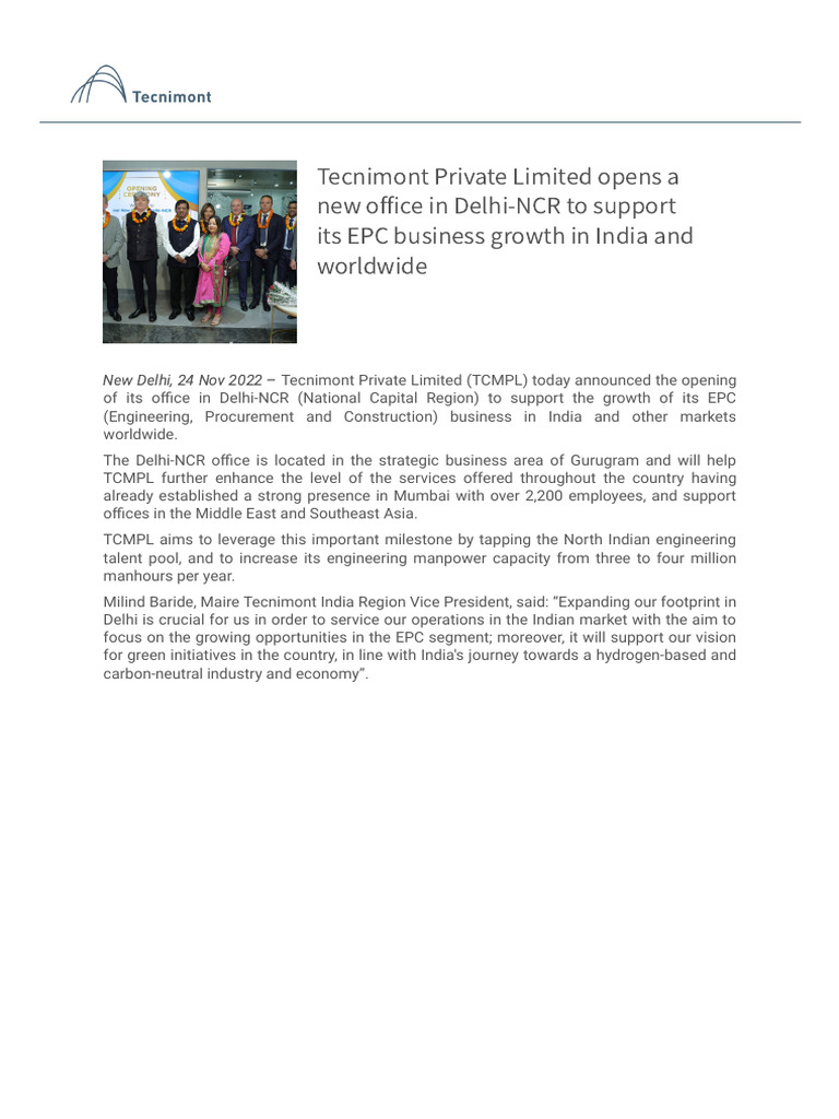 Tecnimont Private Limited Opens A New Office in Delhi-NCR To Support ...