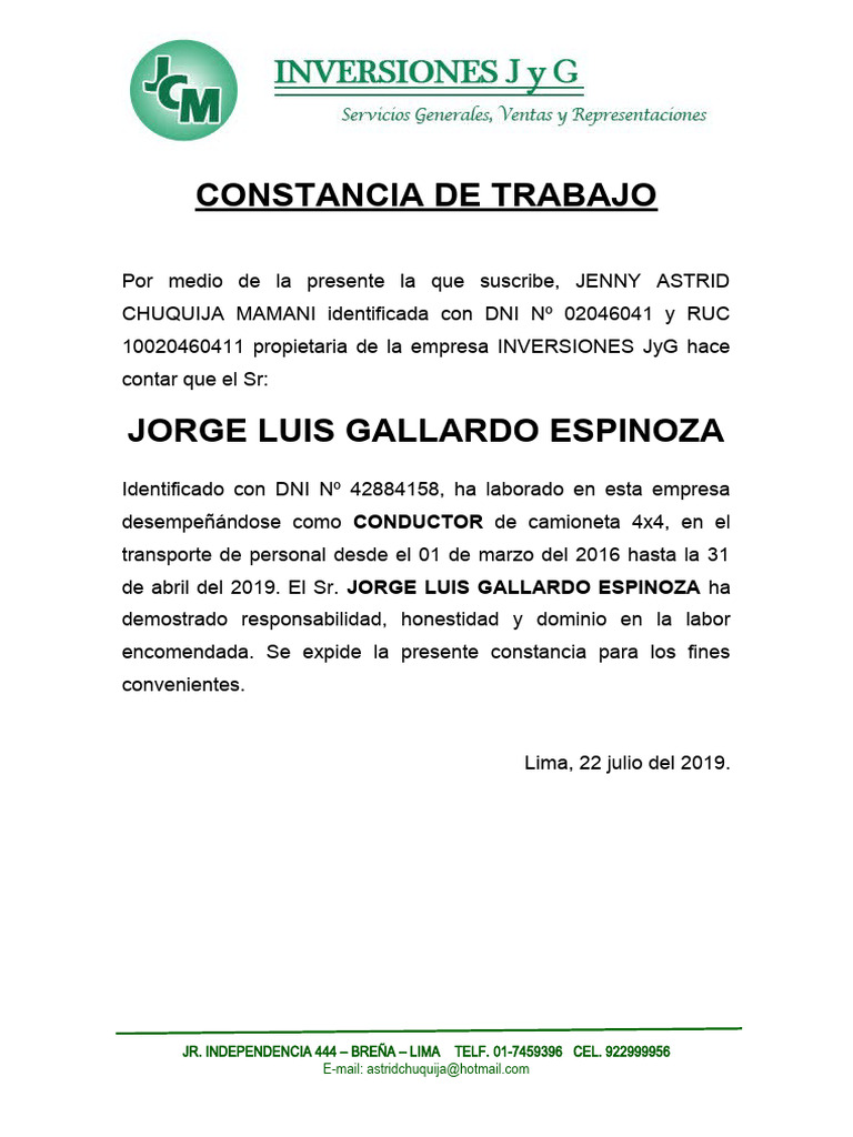 Constancia De Trabajo Conductores Pdf