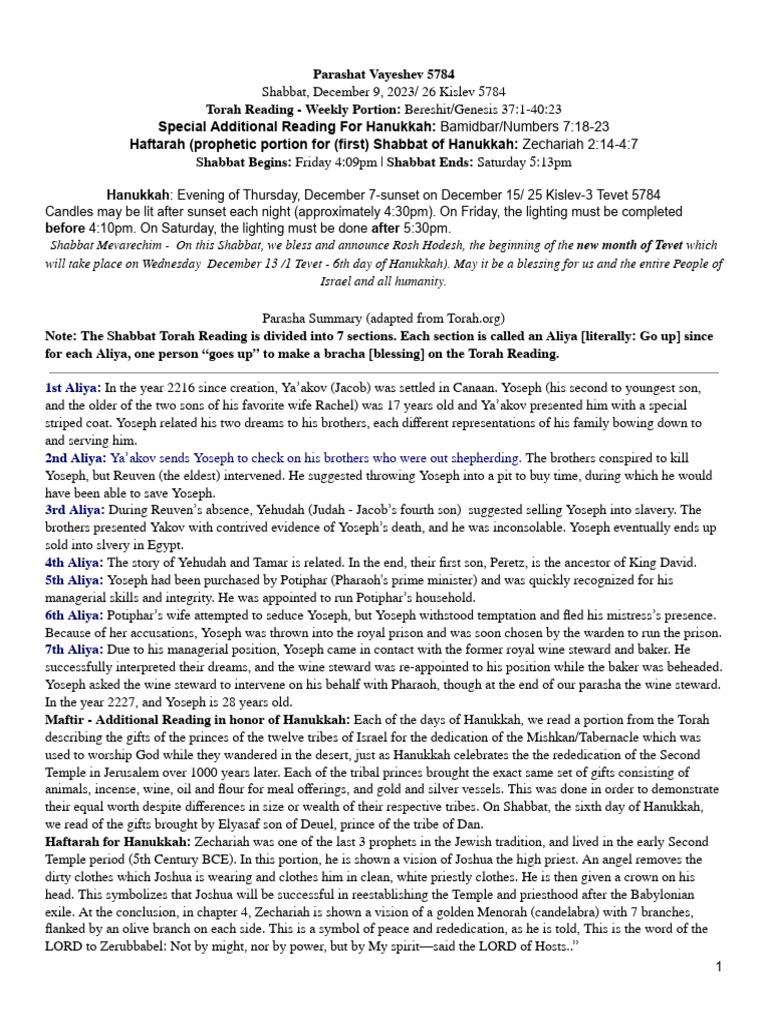 Vayeshev 5784 | PDF | Hanukkah | Jacob