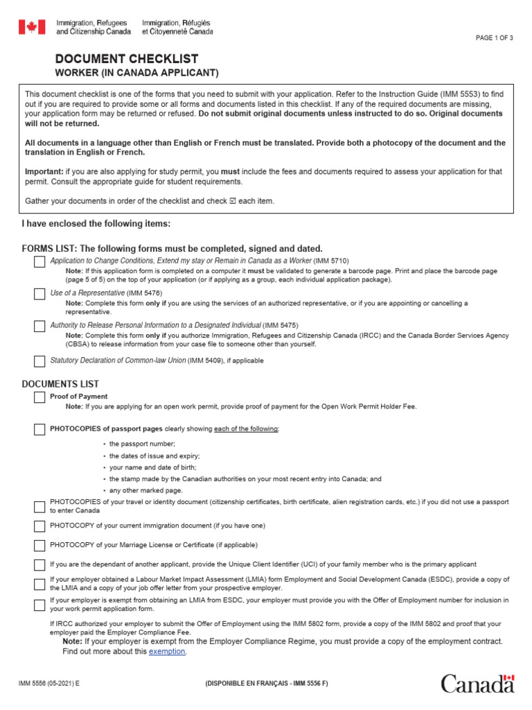 IMM 5556 Document Checklist for Work Permits | PDF | Institutional ...