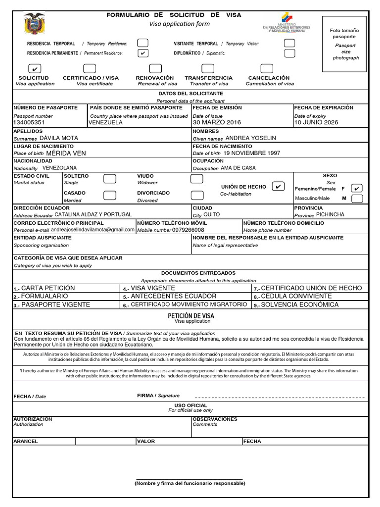 Formulario Visa Ecuador | Descargar gratis PDF | Visa de viaje ...