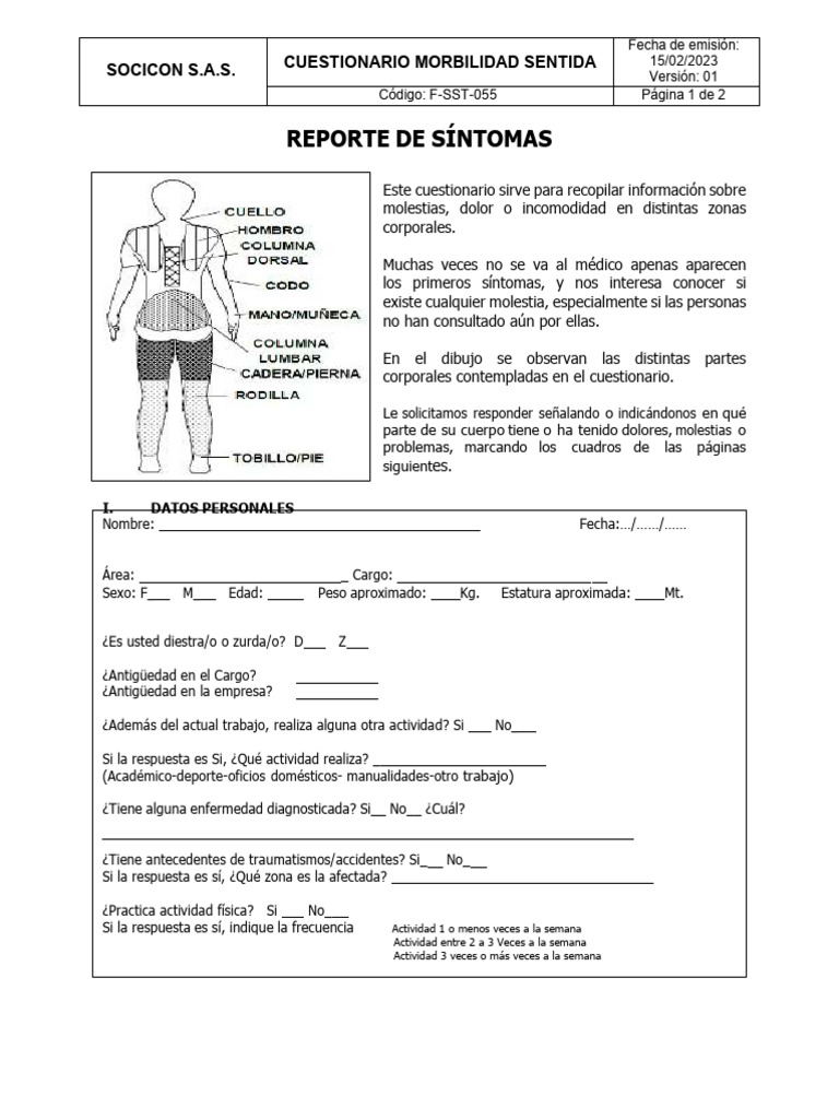 F SST 055.cuestionario Morbilidad Sentida | PDF | Cuestionario ...
