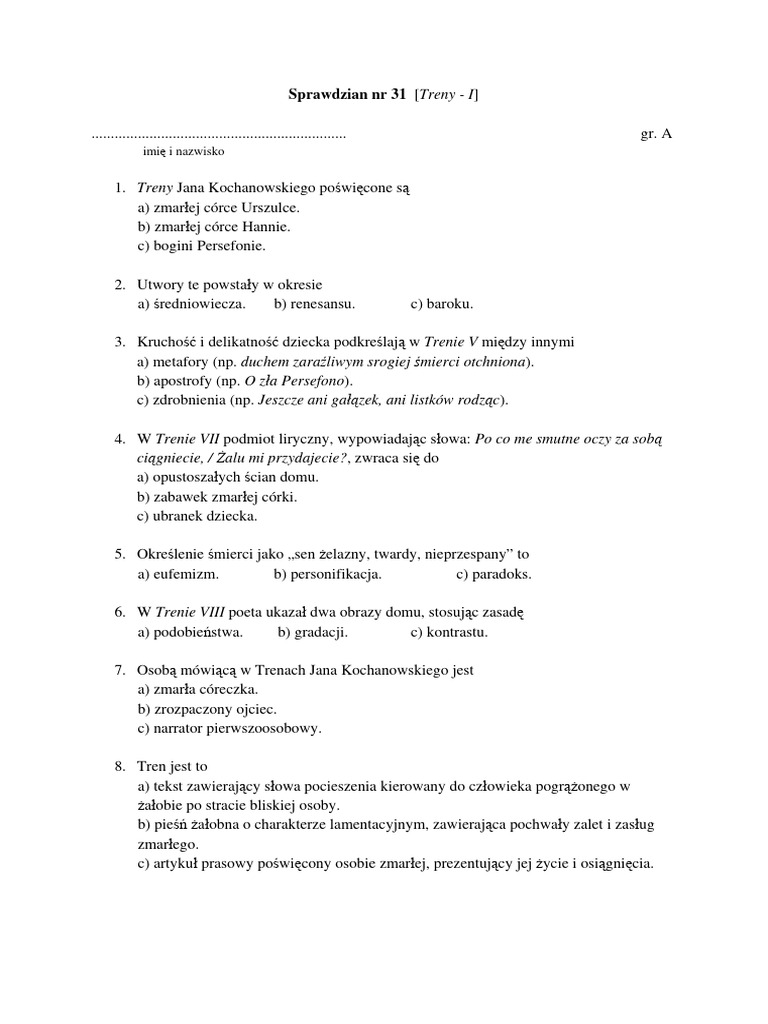 Sprawdzian 31 Treny I Grupa A I B Blizej Slowa Klasa 7 | PDF