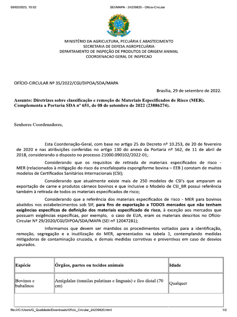 MER - OFÍCIO-CIRCULAR #35 2022 MAPA - Complementa A 651 | PDF