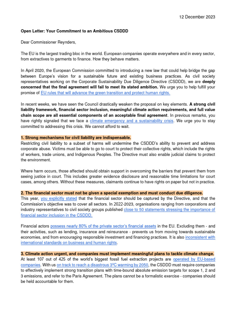 2023-12-12 CSDDD letter to Commissioner Reynders | PDF | Sustainability ...