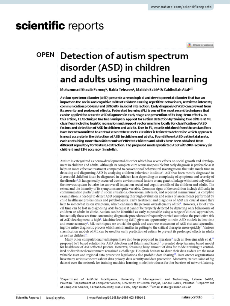 Detection of Autism Spectrum Disorder (ASD) in Children and Adults Using Machine Learning | PDF ...