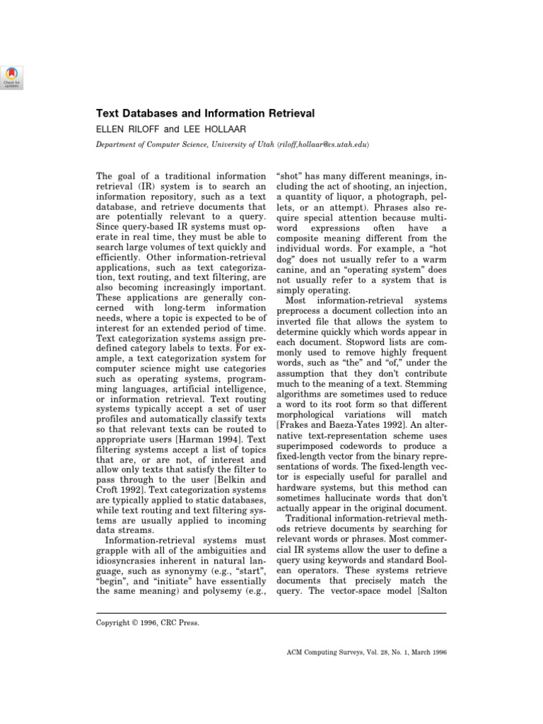 Text Databases and Information Retrieval: Riloff, Hollaar@cs - Utah.edu& | PDF | Information ...