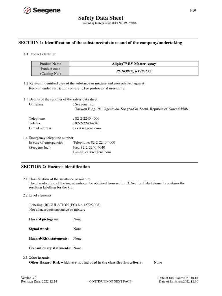 Allplex™ RV Master Assay MSDS | PDF | Dangerous Goods | Firefighting