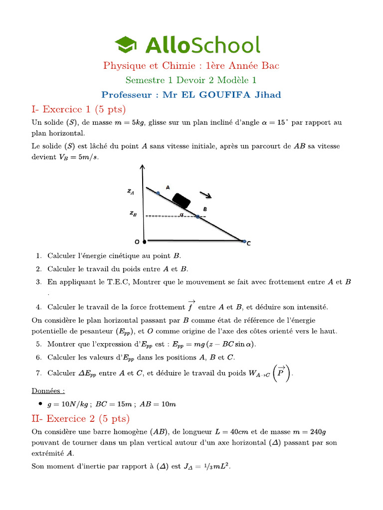PC 1bac Semestre 1 Devoir 2 Modele 1 | PDF