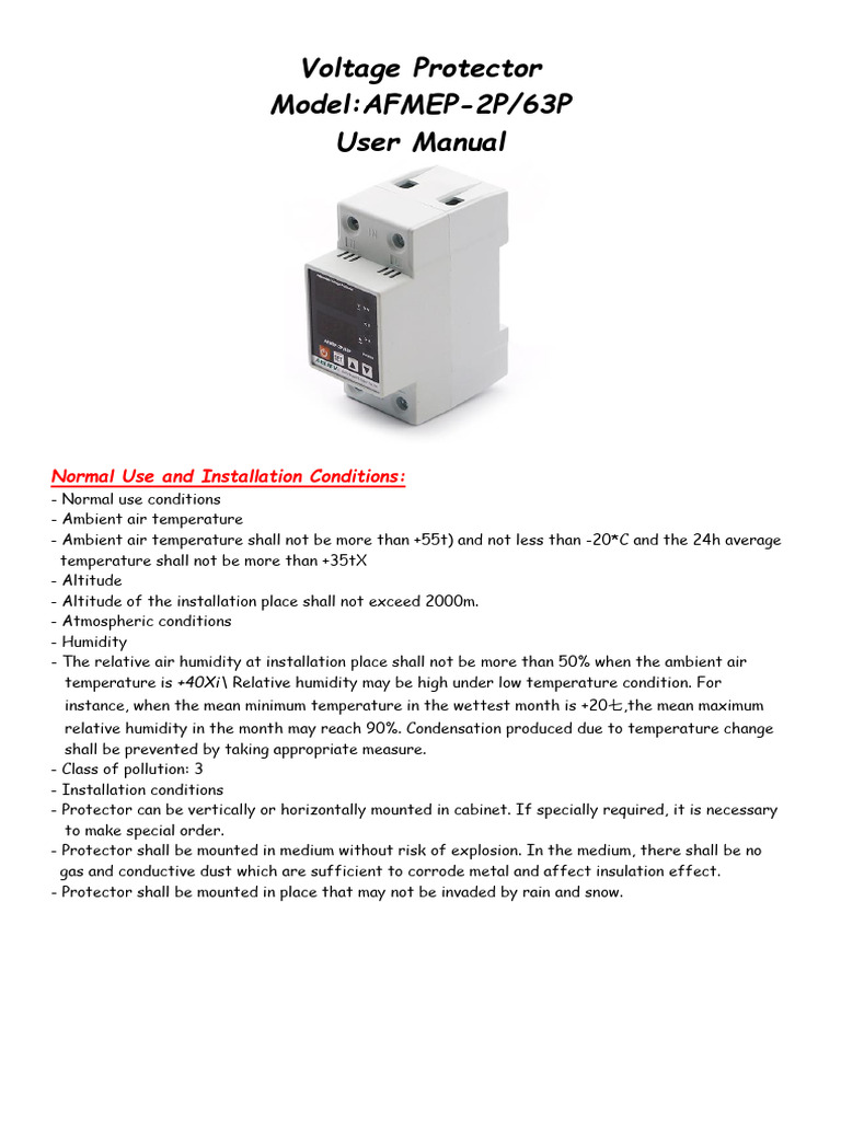 Voltage Protector Model:AFMEP-2P/63P User Manual: Normal Use and Installation Conditions | PDF ...
