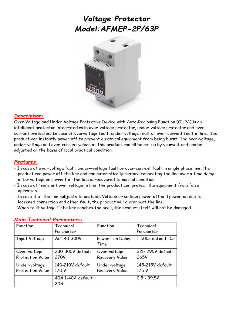Voltage Protector Model:AFMEP-2P/63P: Description | PDF | Electric Power | Electrical Equipment