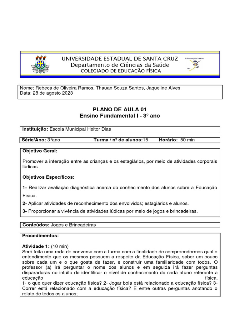 Plano de Aula 3º Ano | PDF | Educação Física | Física