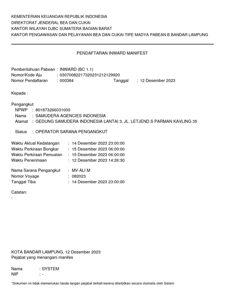 Pendaftaran Inward Manifest MV Ali M | PDF