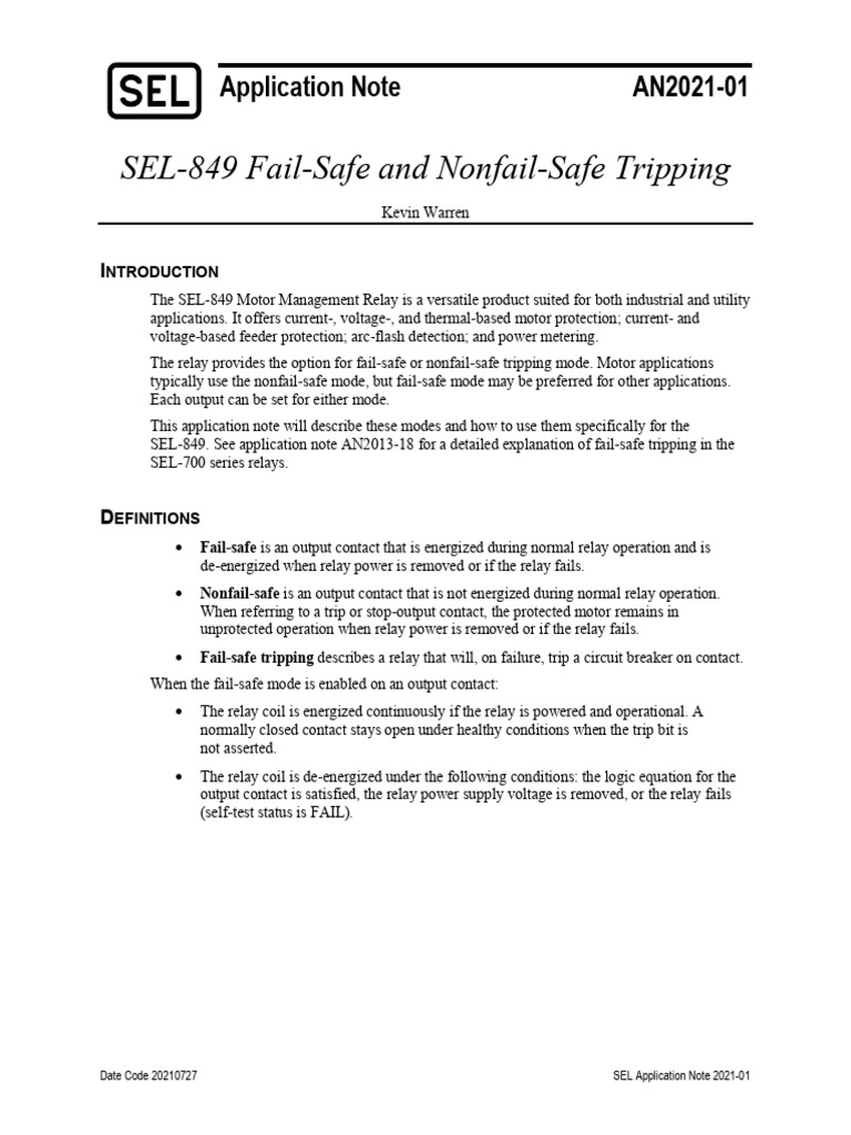 SEL-849 Fail-Safe and Nonfail-Safe Tripping: Application Note AN2021-01 ...
