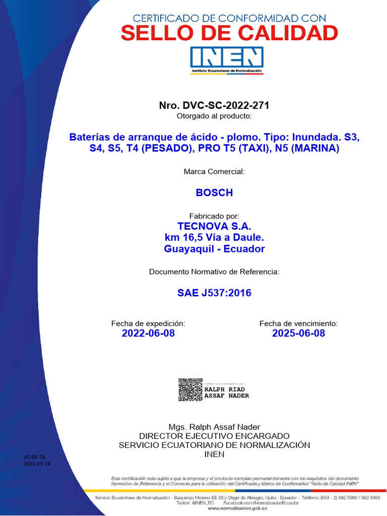 Sello de Calidad INEN SAE J537 2016 - Marca Bosch - TECNOVA | PDF