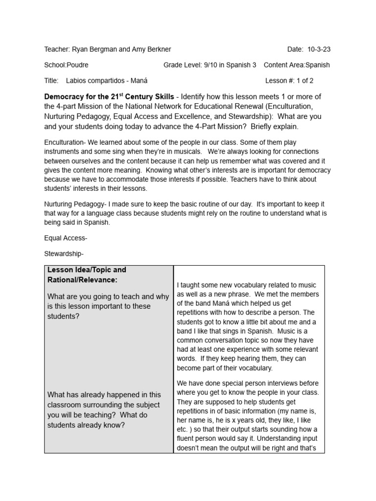 Educ450 Bergman Center of Educator Preparation Cep Lesson Plan 1 | PDF ...