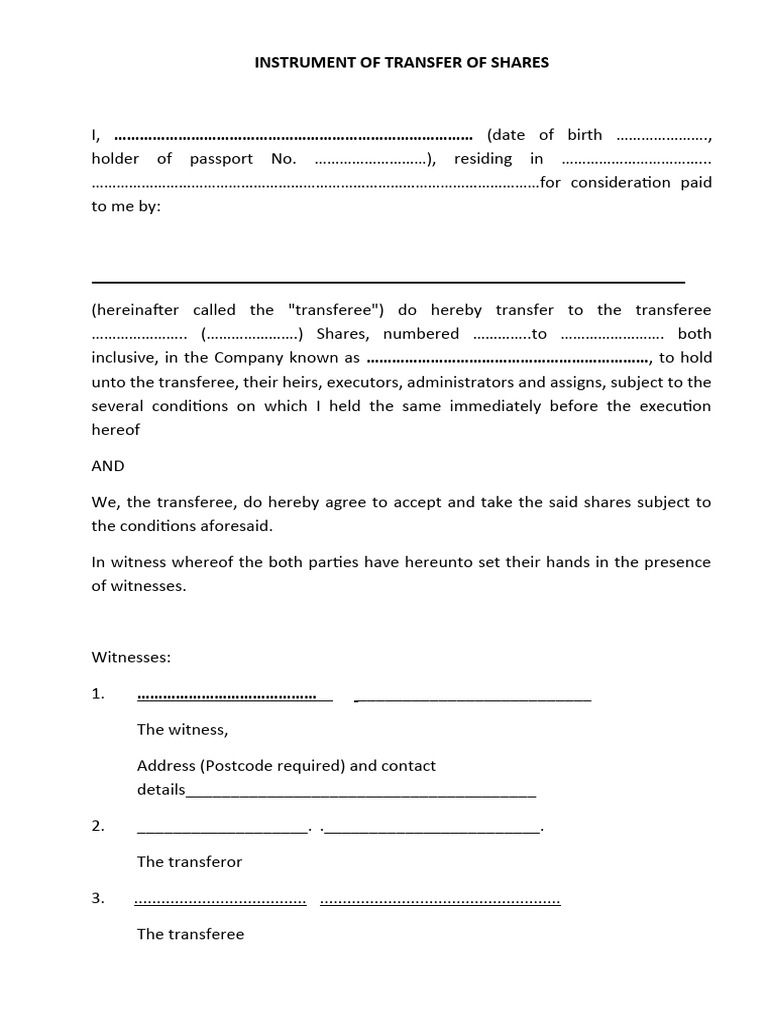 Share Transfer Instrument Template | PDF