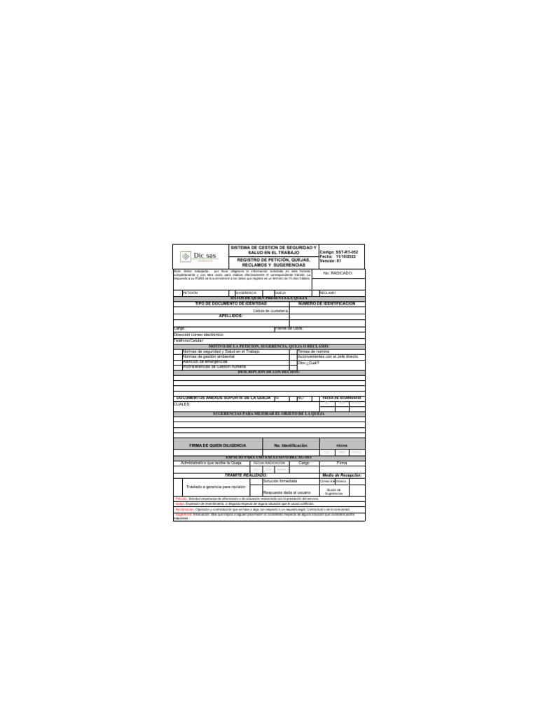 SST-RT-052 Formato para Peticiones, Sugerencias, Quejas y Reclamos ...