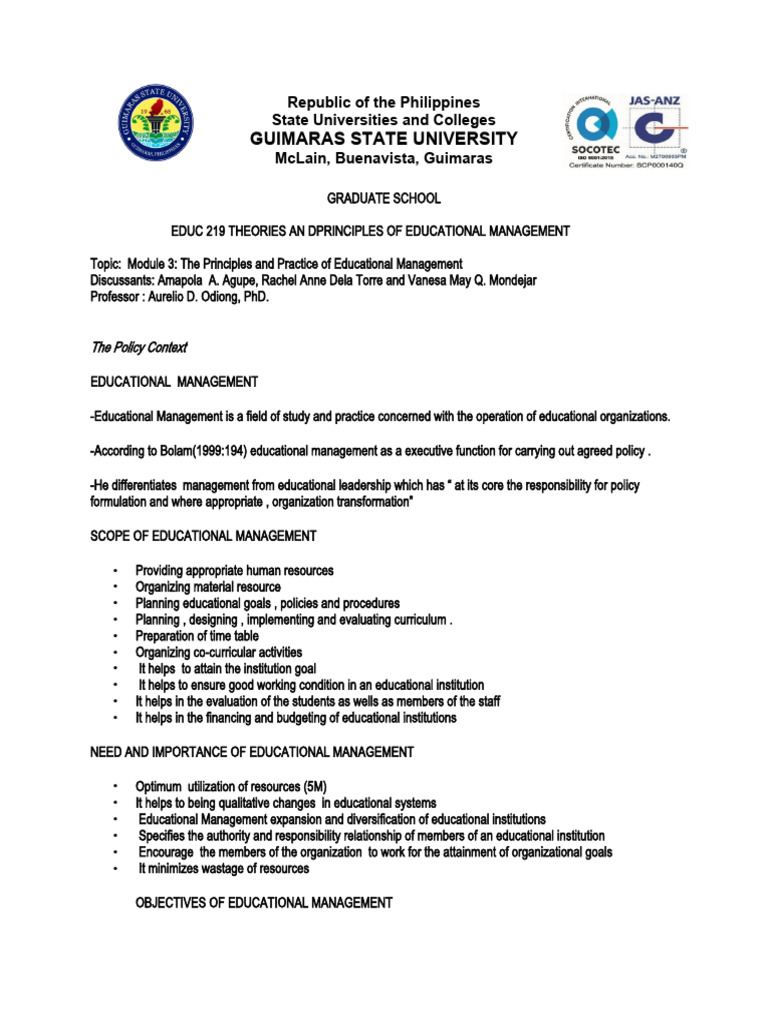 Theories and Principles of Educational Management | PDF | Theory ...