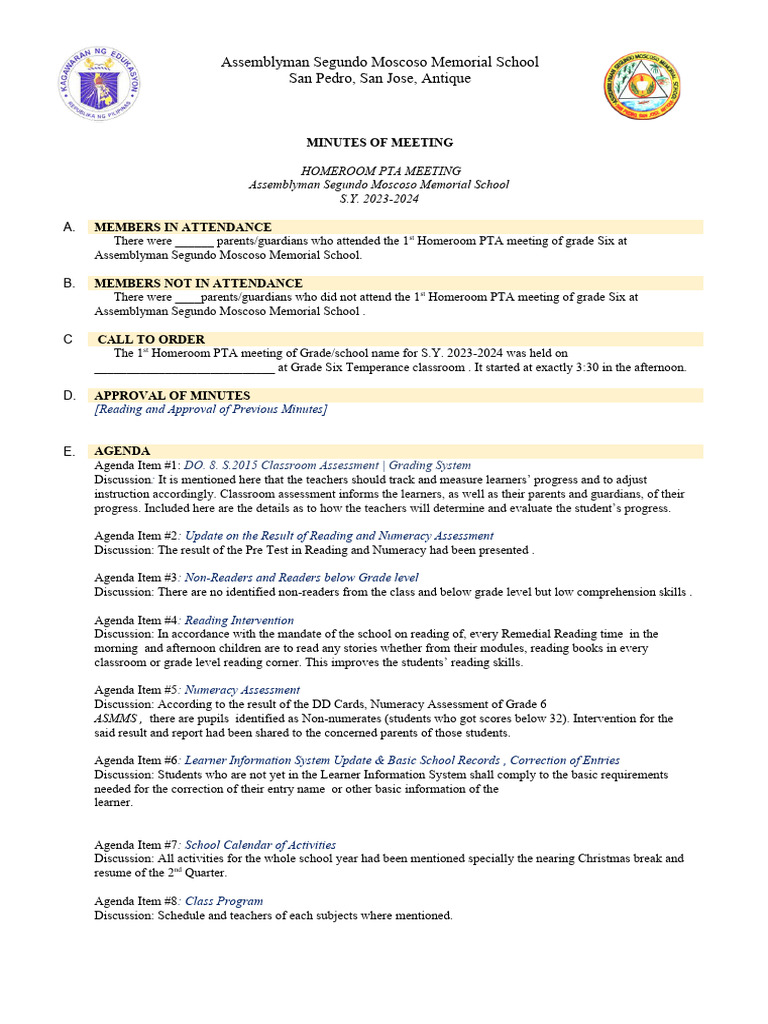 PTA-Meeting-Minutes - 2023 | Download Free PDF | Teachers | Educational ...
