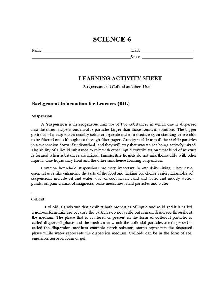 SCIENCE 6 Colloids and Suspensions | PDF | Mixture | Colloid