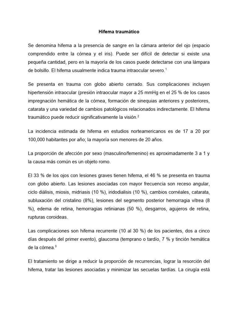 Hifema Traumático: Causas y Tratamiento | PDF | Ojo humano | Catarata