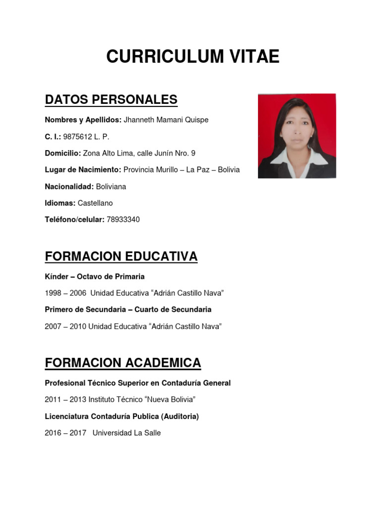 CURRICULUM VITAE Ejemplo | PDF | Bolivia | Economias